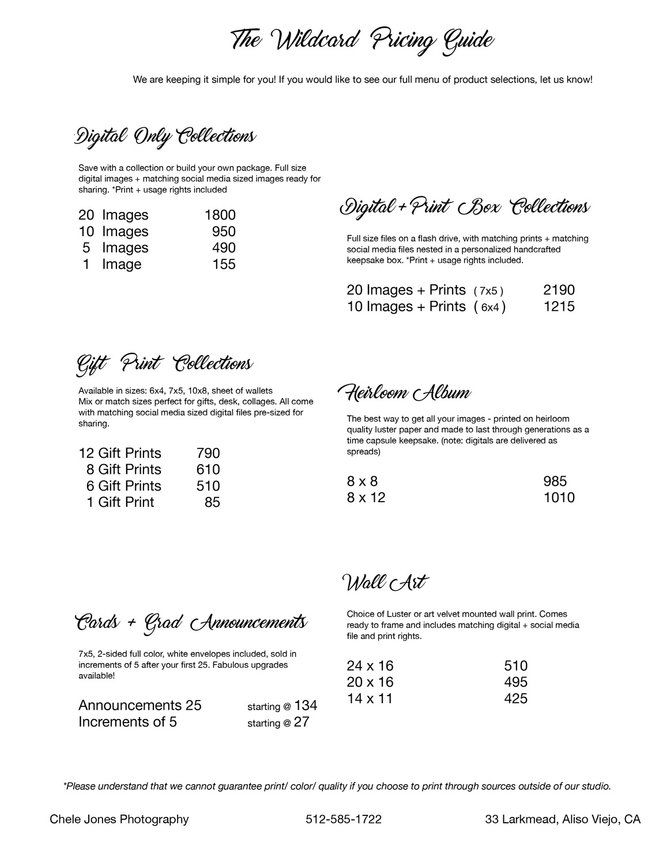 Wildcard Product Menu - Chele Jones Photography