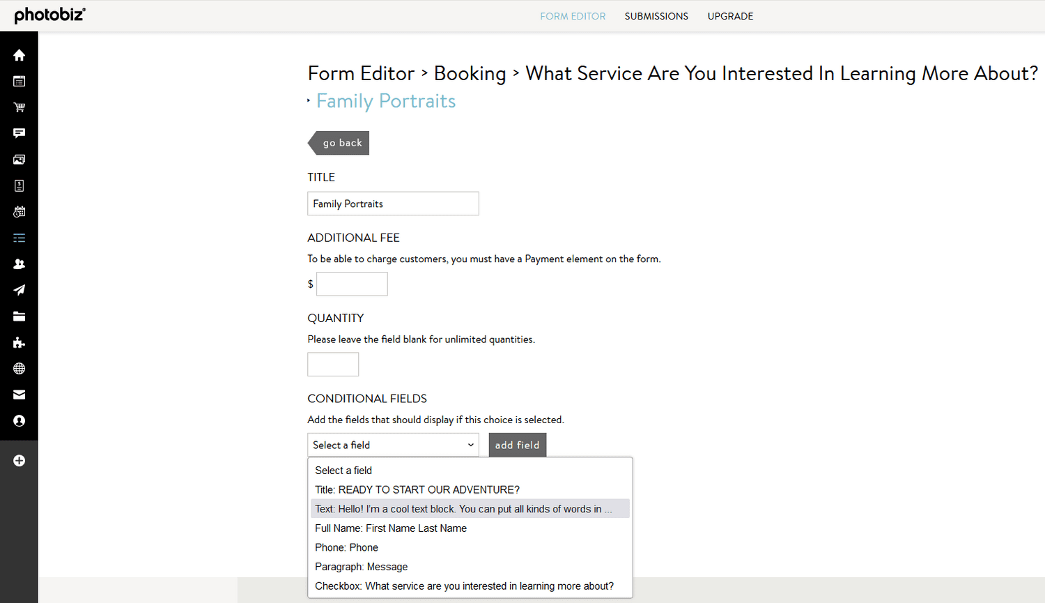 How do I add conditional form fields to my form? - PhotoBiz Knowledge Base