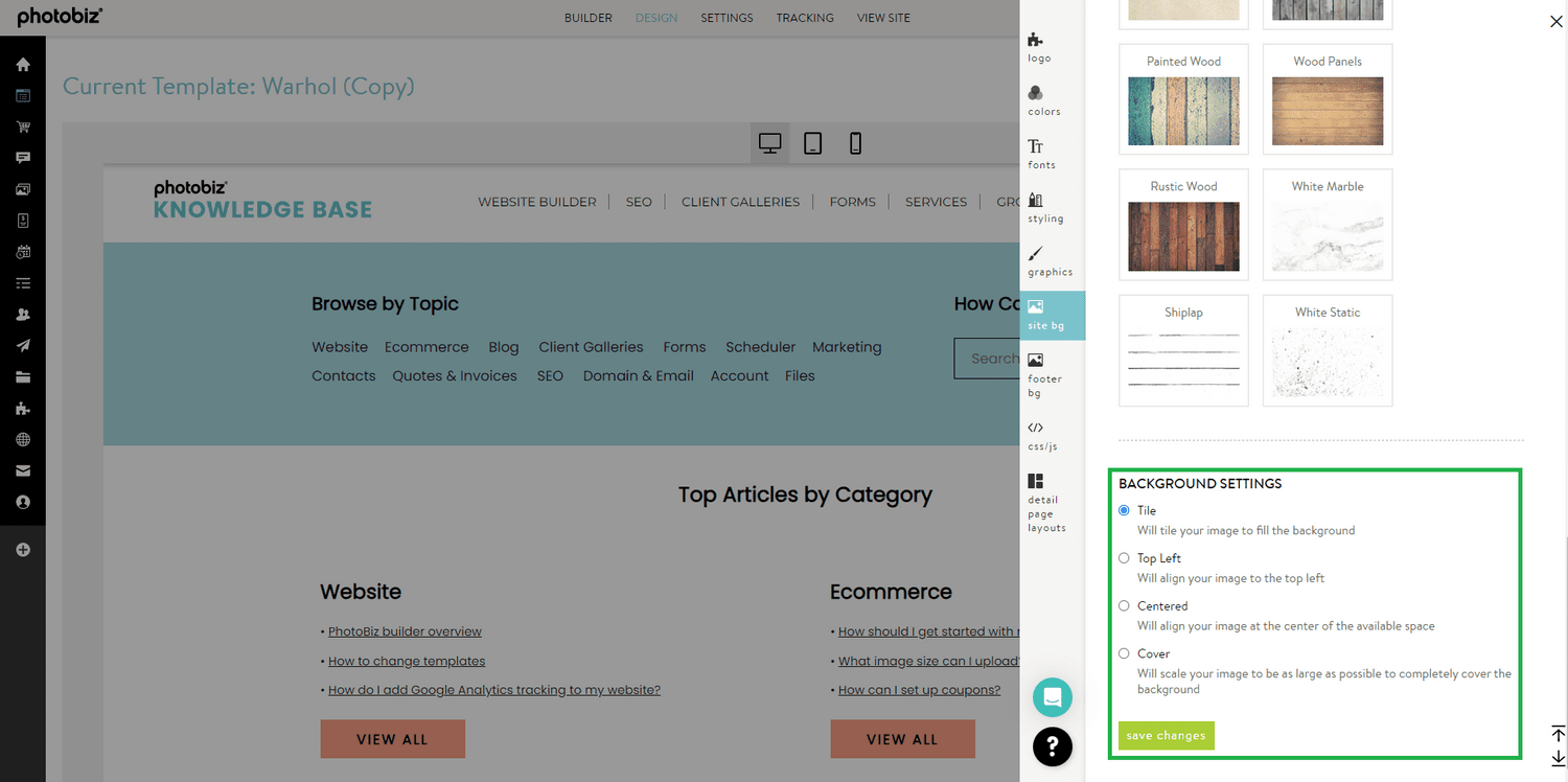 How To Customize The Websites Background Image - PhotoBiz Knowledge Base